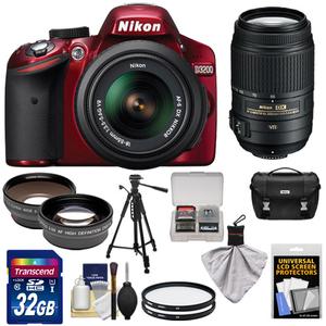 Nikon D3200 Digital Slr Camera & 18-55mm G Vr Dx Af-s Zoom Lens (red) + 55-300mm Vr Lens + 32gb ...