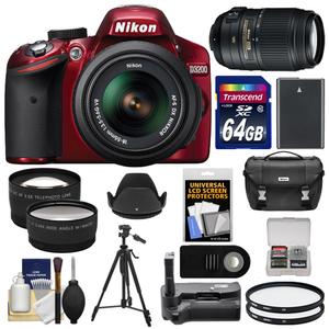 Nikon D3200 Digital Slr Camera & 18-55mm G Vr Dx Af-s Zoom Lens (red) With 55-300mm Vr Lens ...
